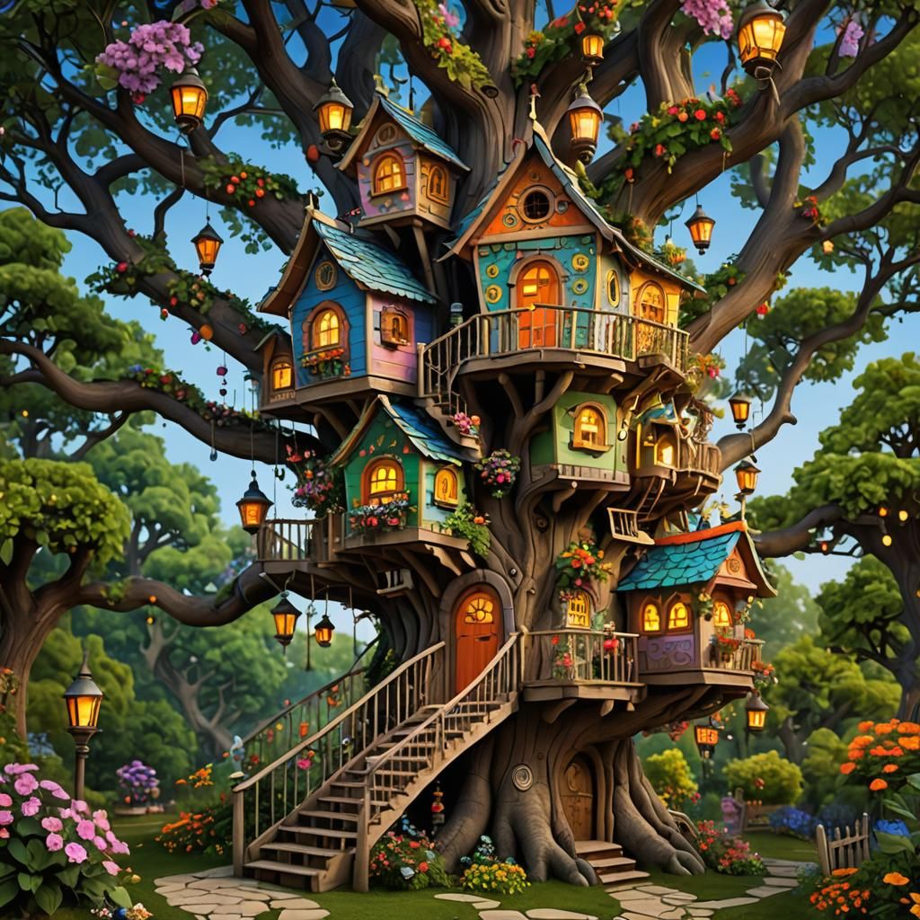 Whimsical Tree House of Cottages - AI Generated Artwork - NightCafe Creator