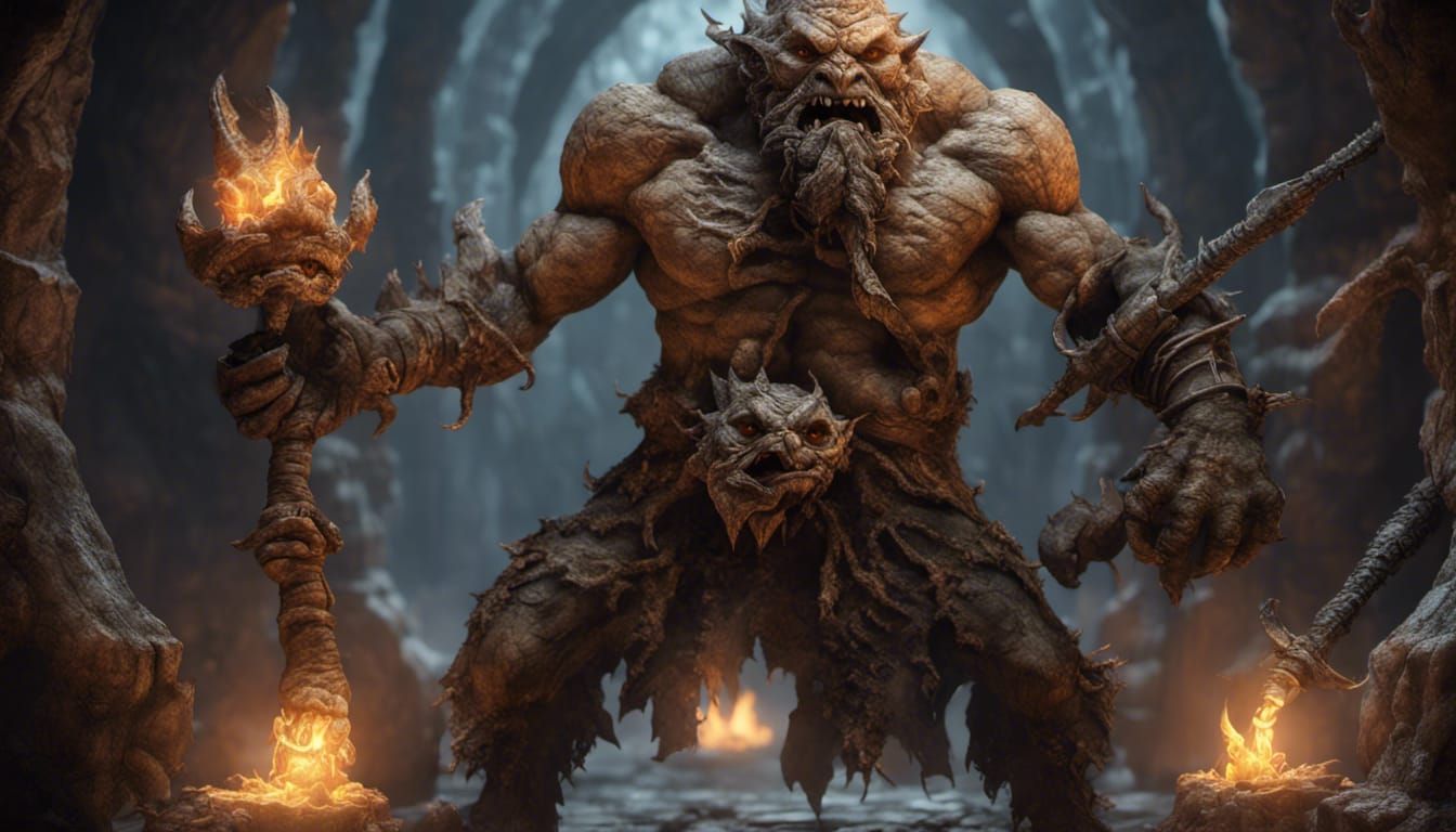 Cave Giant - Two-Headed Giant with Flail in Tunnel