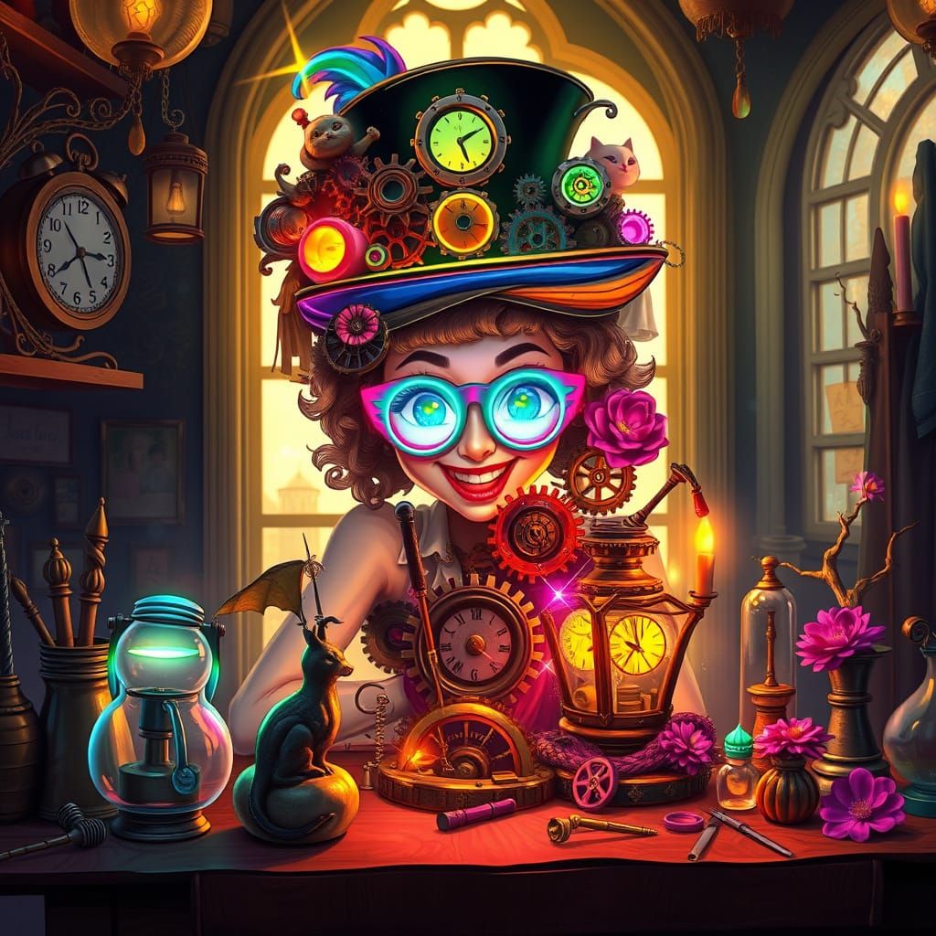 Wacky lady inventor working on her creation