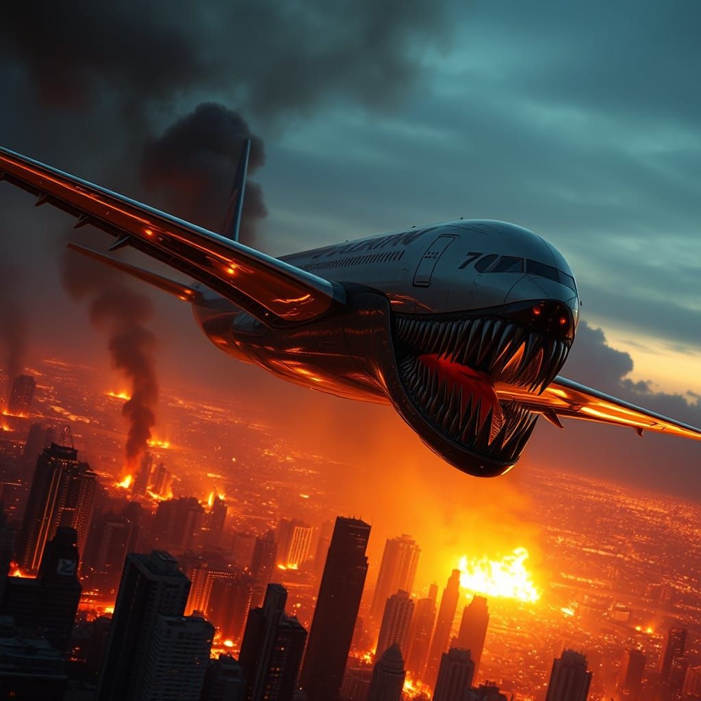 Monstrous Boeing 787 Devourer Soars Over Burning M... - AI Art