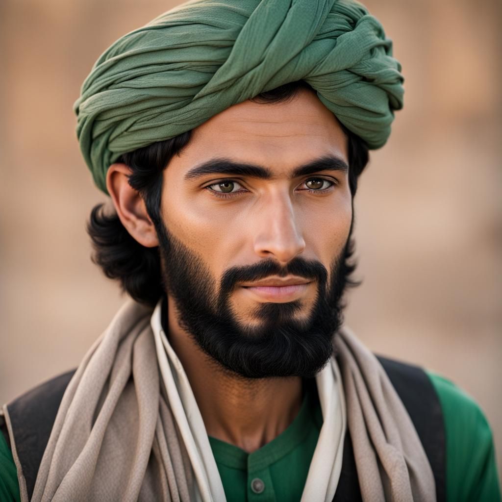young afghan man with beard, black hair and green eyes - AI Generated ...