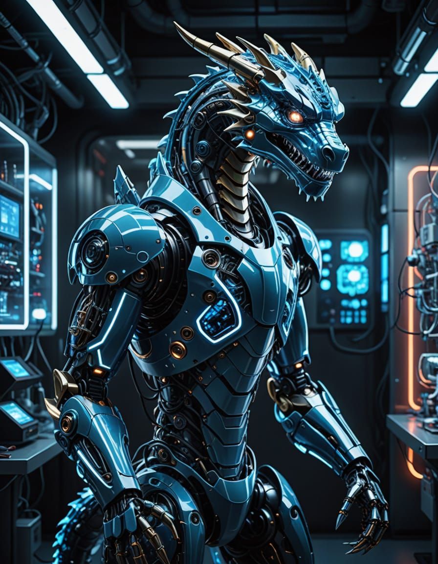 Artificial dragon in - Futuristic Laboratory Dragon in Neon...