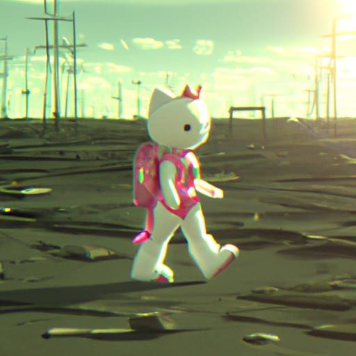 Hello Kitty humanoid walking over scorched, dystopian earth with Aurora ...