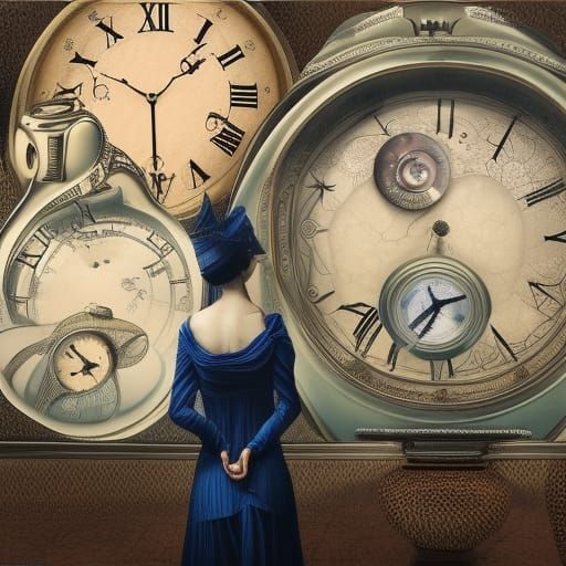 A woman standing holding a suitcase in her hand is waiting... clocks ...