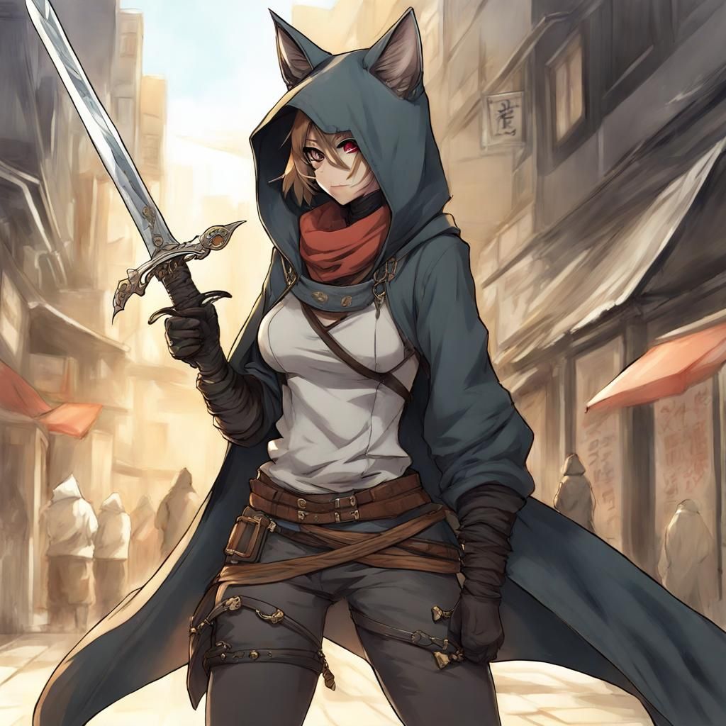 Full portrait of a female tabaxi rogue wearing a hood wielding a short ...