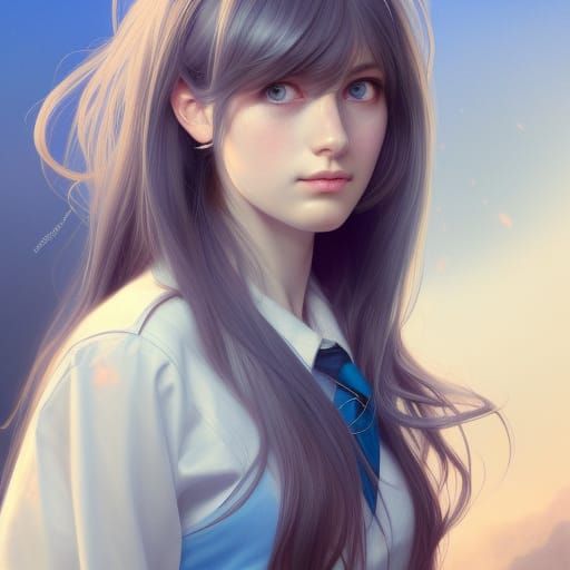 girl, blue eye, long hair, hair coler blue, cute, pretty, uniform ...