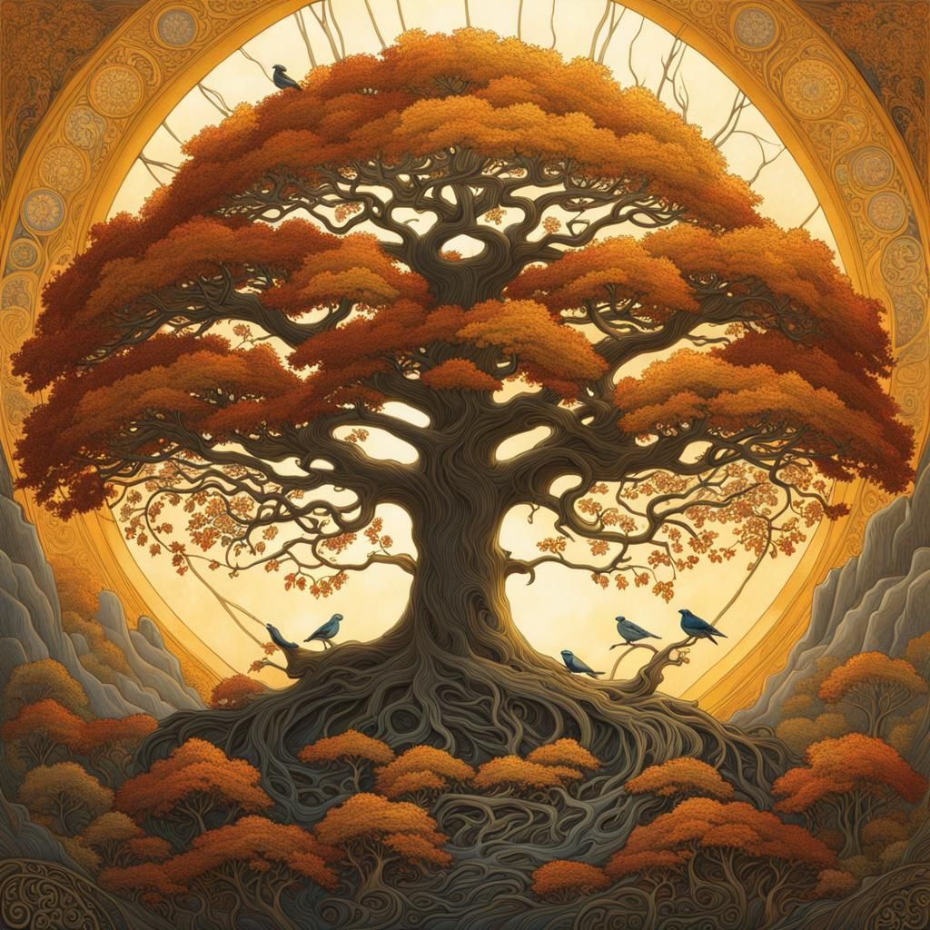 ancient tree with birds in autumn when the sun breaks through the ...