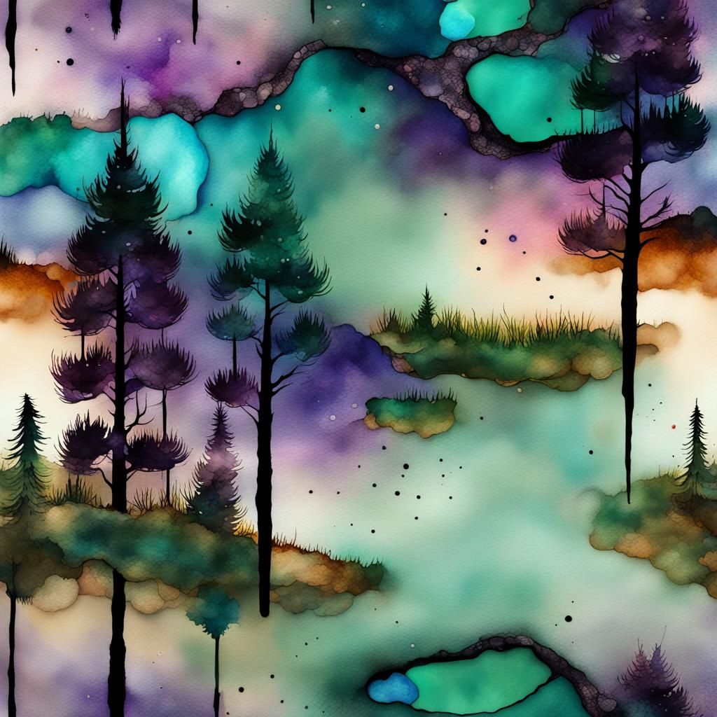 alcohol ink :: drip art :: abstract pine trees :: rock strewn trail ...