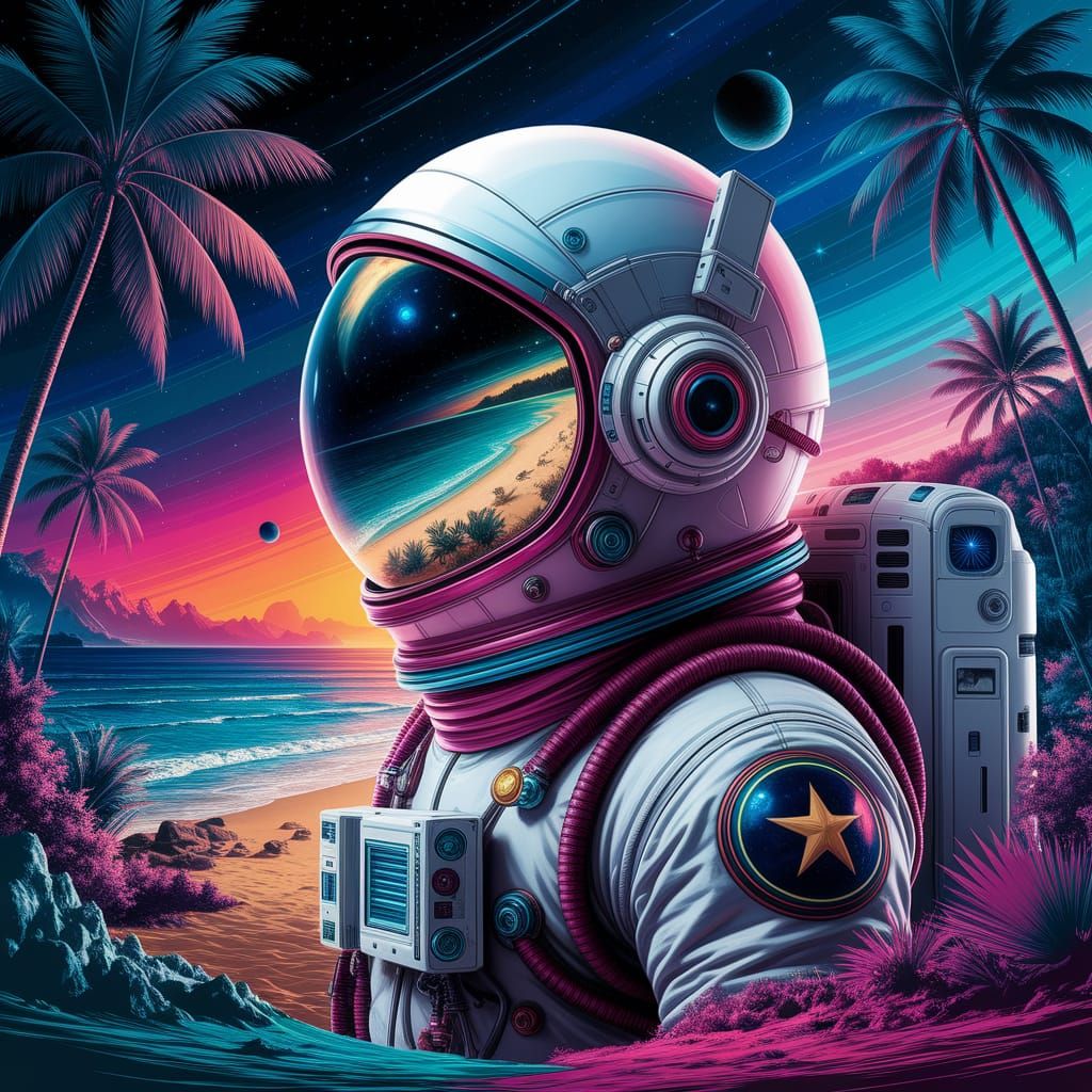 Double exposure portrait of astronaut profile with an intricate ...