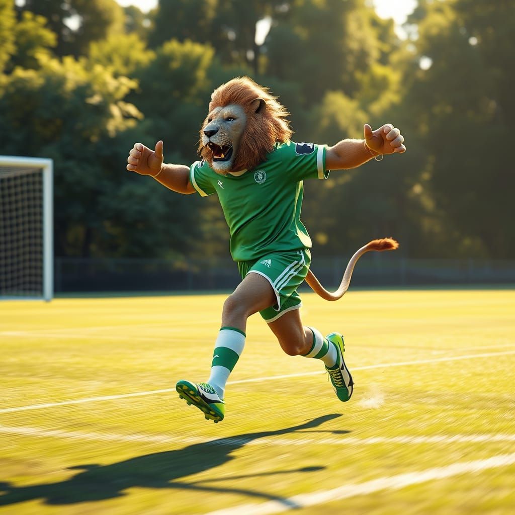 Lion in Soccer Gear Scores a Goal in Hyper-Realist... - AI Art