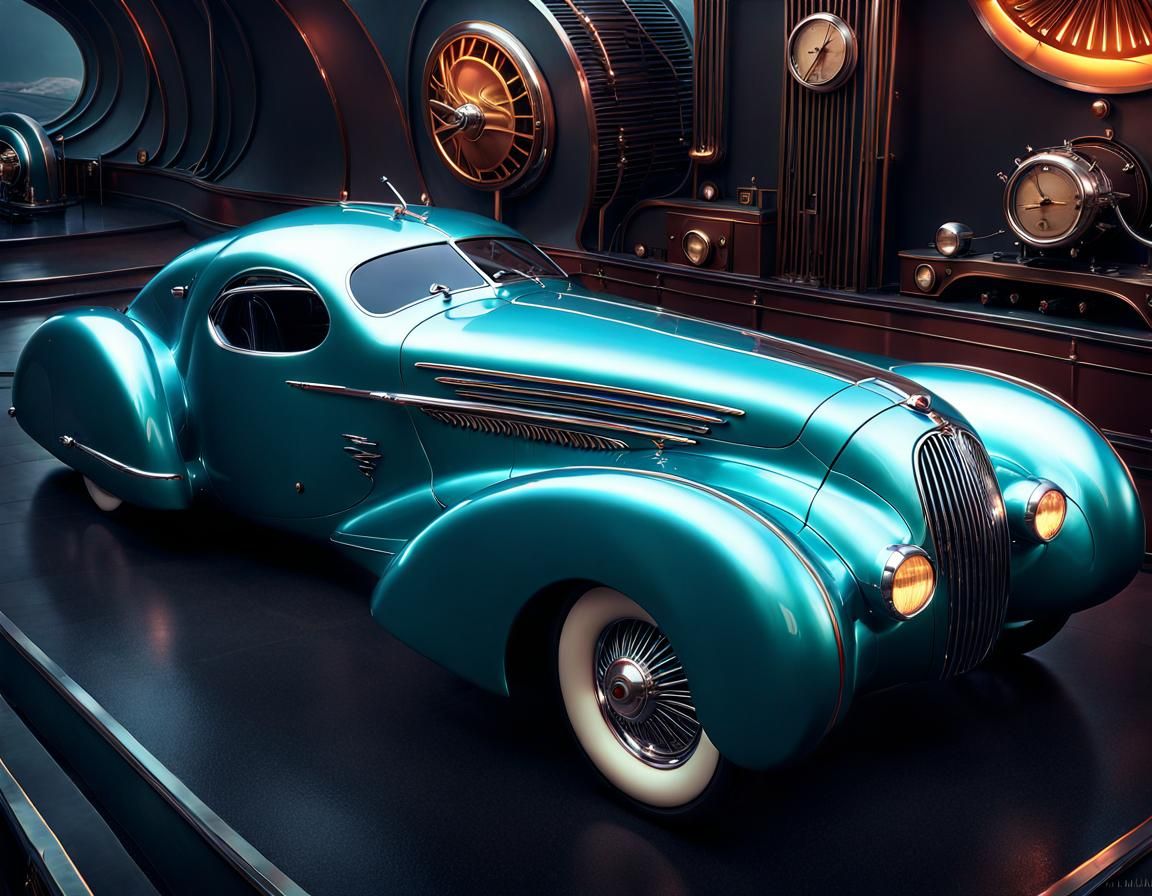 dieselpunk la baleine 1938 retrofuturistic art deco automobile, sleek ...