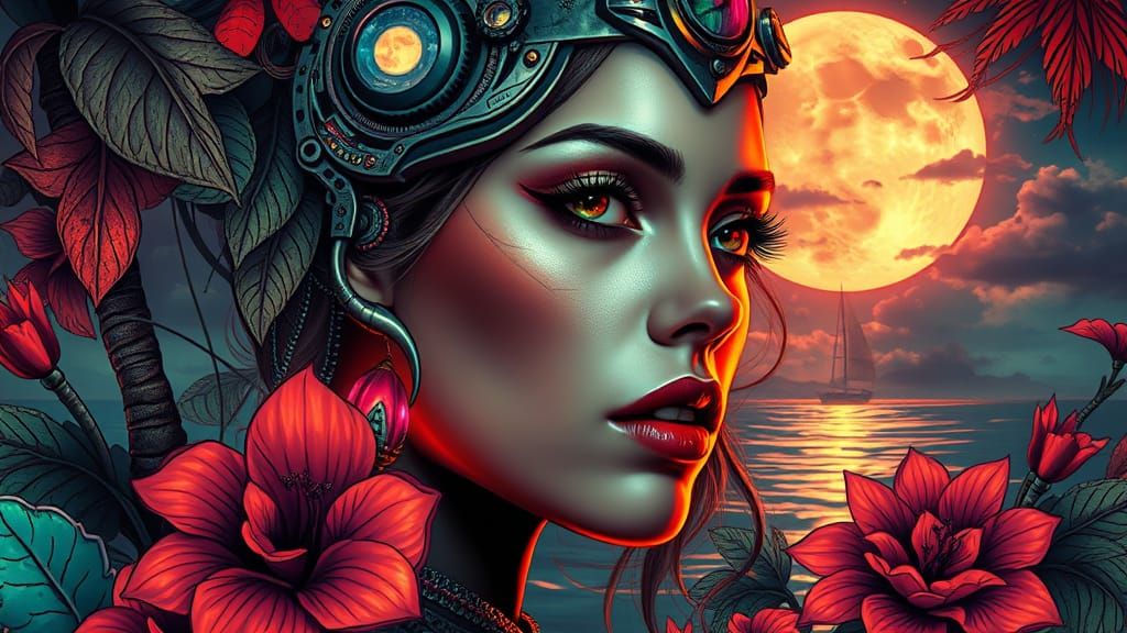 Vibrant Steampunk Goddess Under Tropical Full Moon - AI Art
