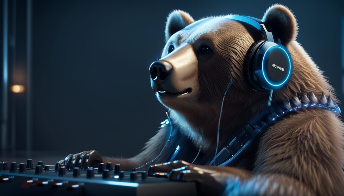 bear listening to music with high technology details, ground level shot ...