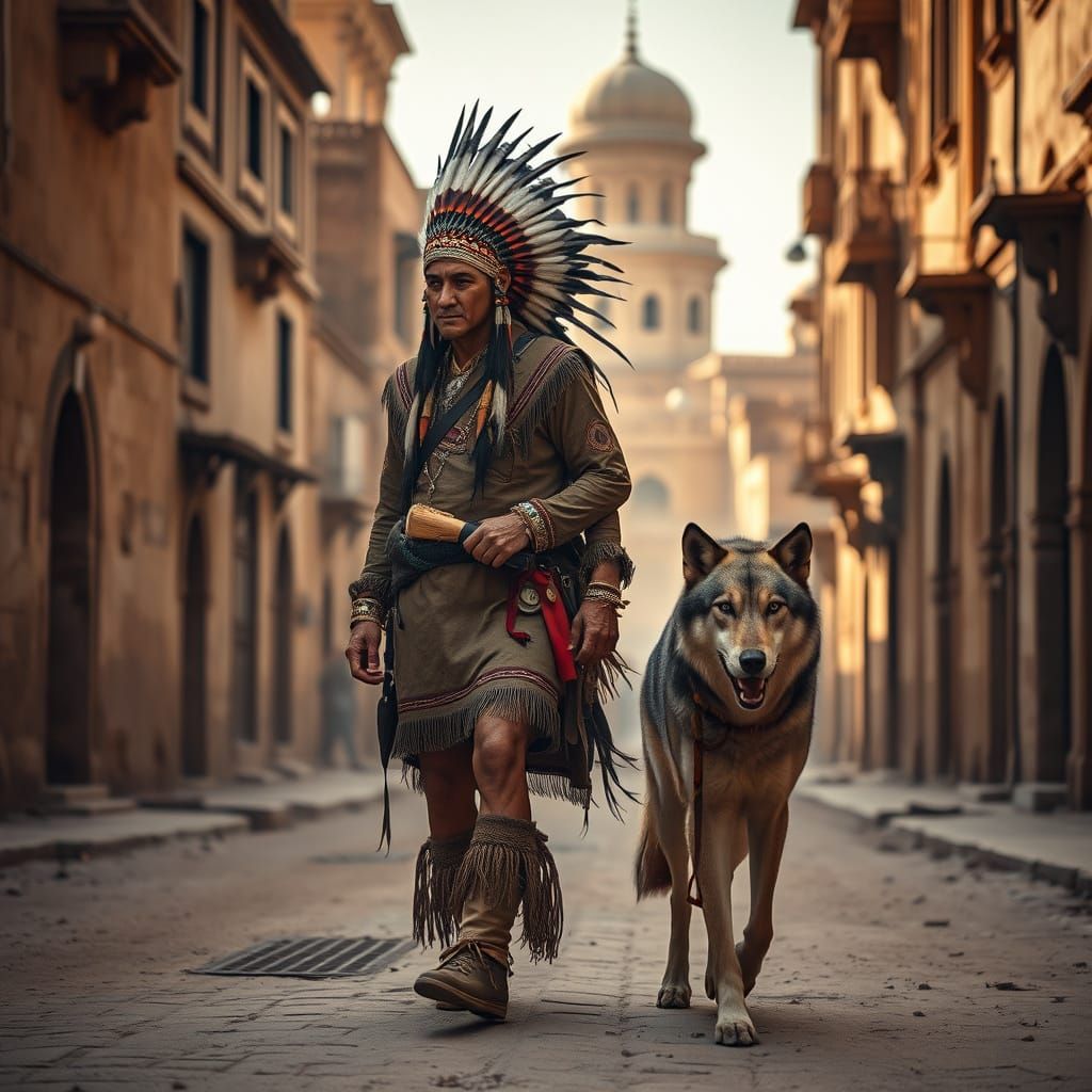Stately Native American Man Walks Confidently in T... - AI Art