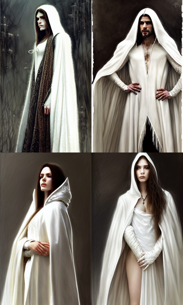 Brunette hair, white leather cloak, muscular, elegent intricate tunic ...