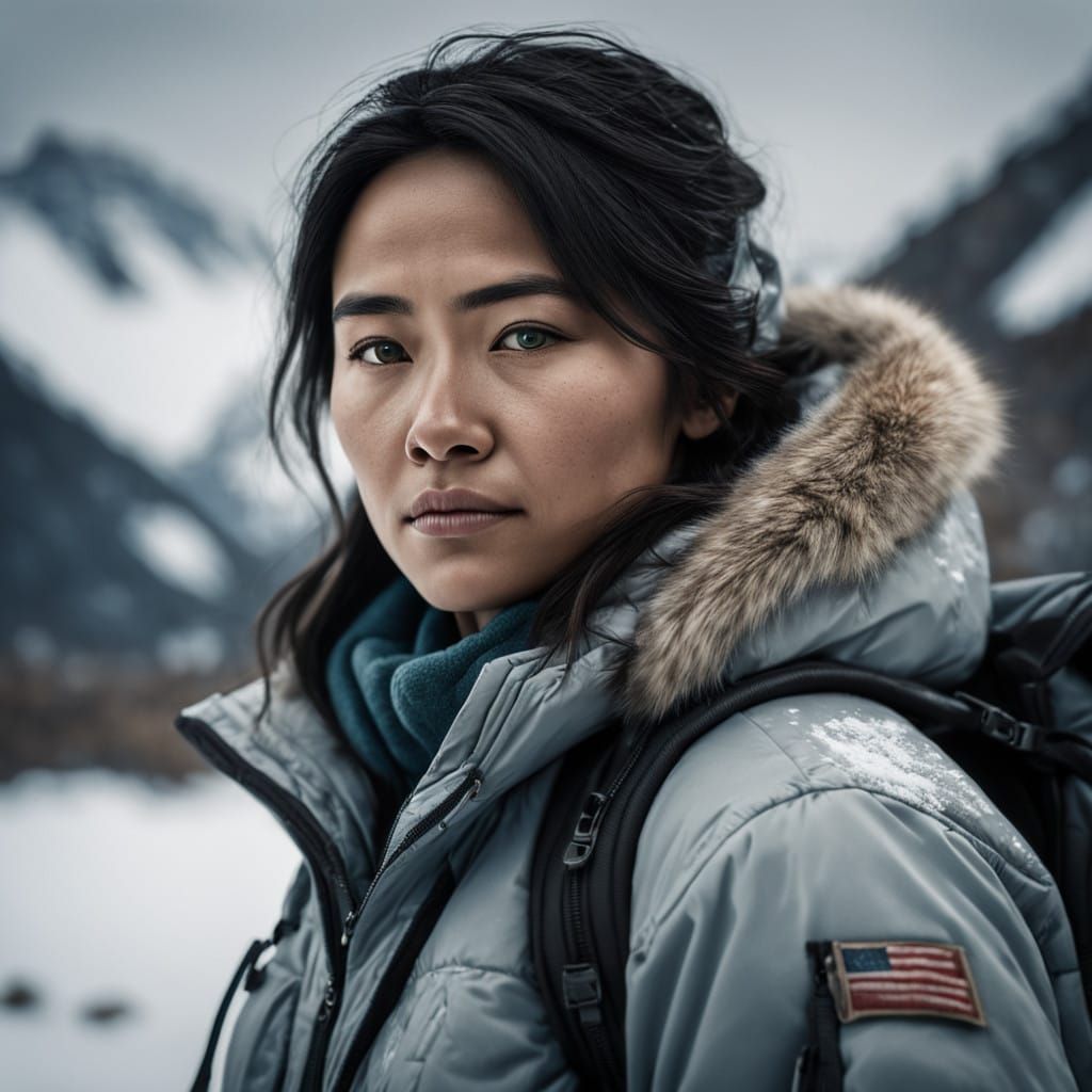 A stunning, hyperrealistic portrait of a beautiful Inuit woman, clad in ...