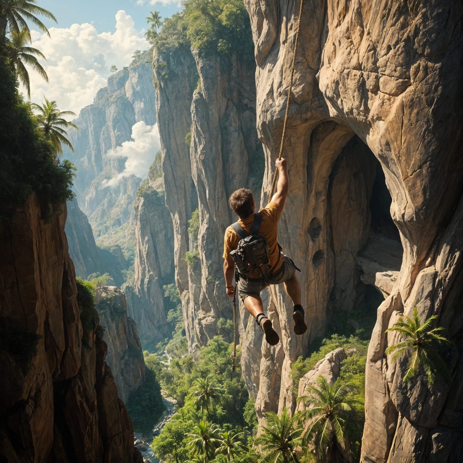 Explorer Swings Across Canyon: Hyperrealistic Oil ... - AI Art