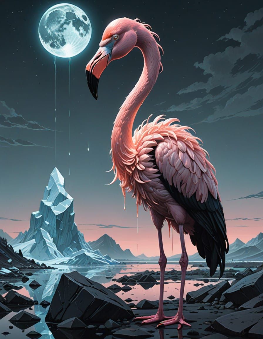 Crystal Flamingo Sculpture in Frozen Elegance - AI Art
