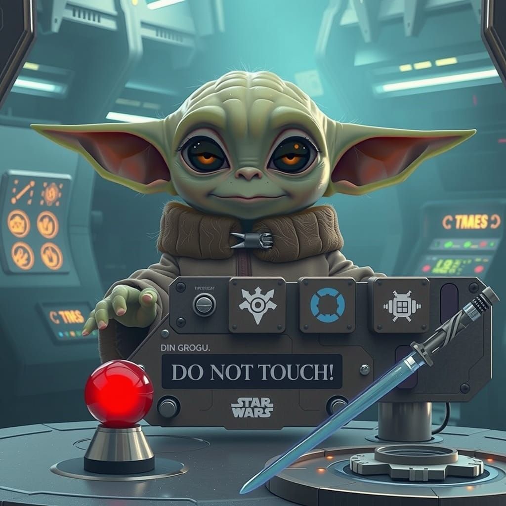 *"A small, Din Grogu baby Yoda green alien-like creature with large ...