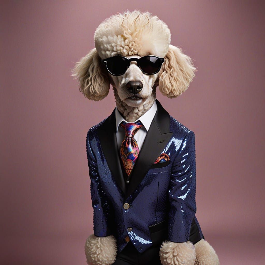 a photographic/caricature style image of an anthropomorphic poodle. The ...