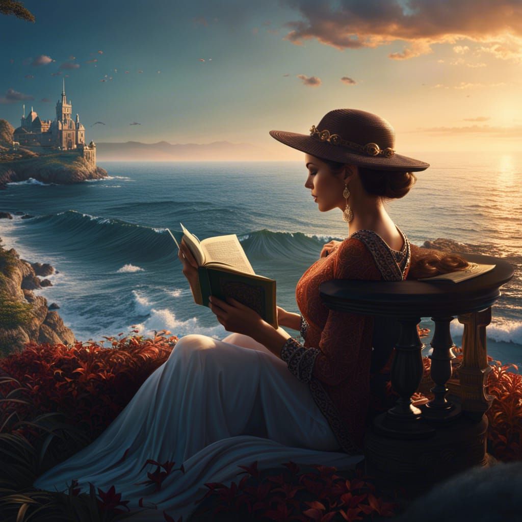 woman reading a book sitting in front of the sea. - AI Generated ...