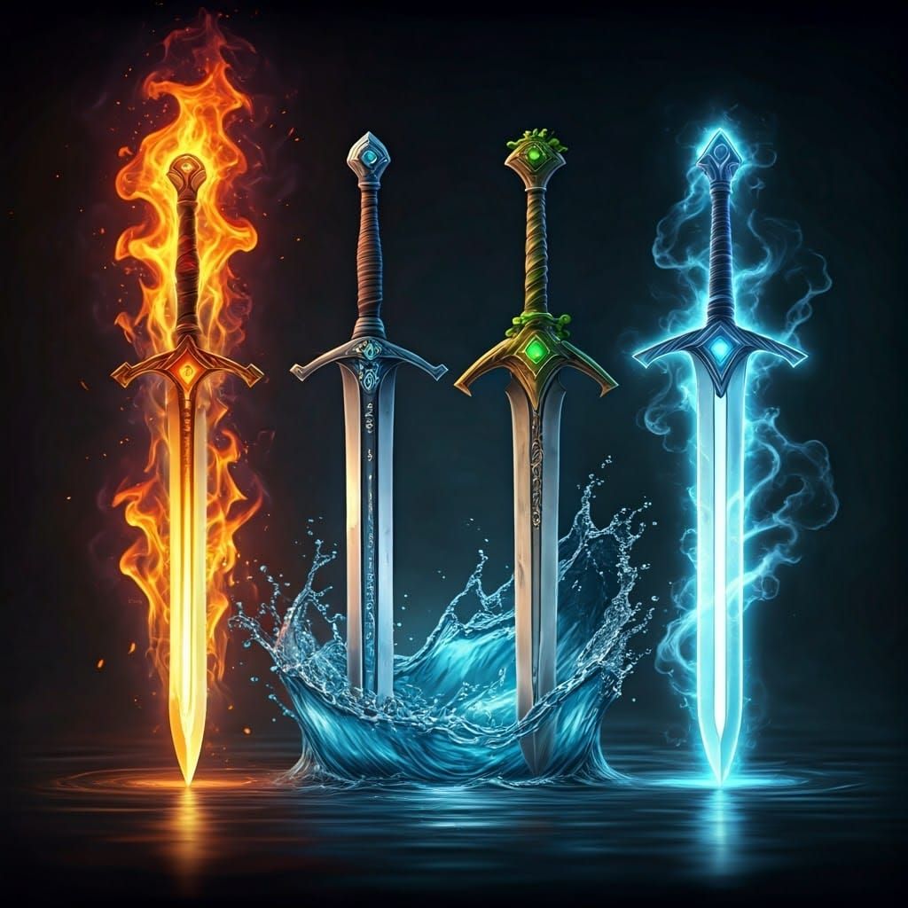 Create an image showcasing four distinct swords, each embodying one of ...