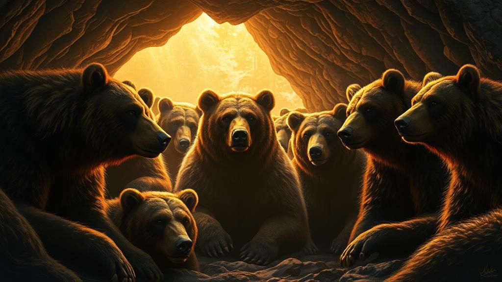 brown bears in a cave preparing for hibernation (🙄or a party😇)