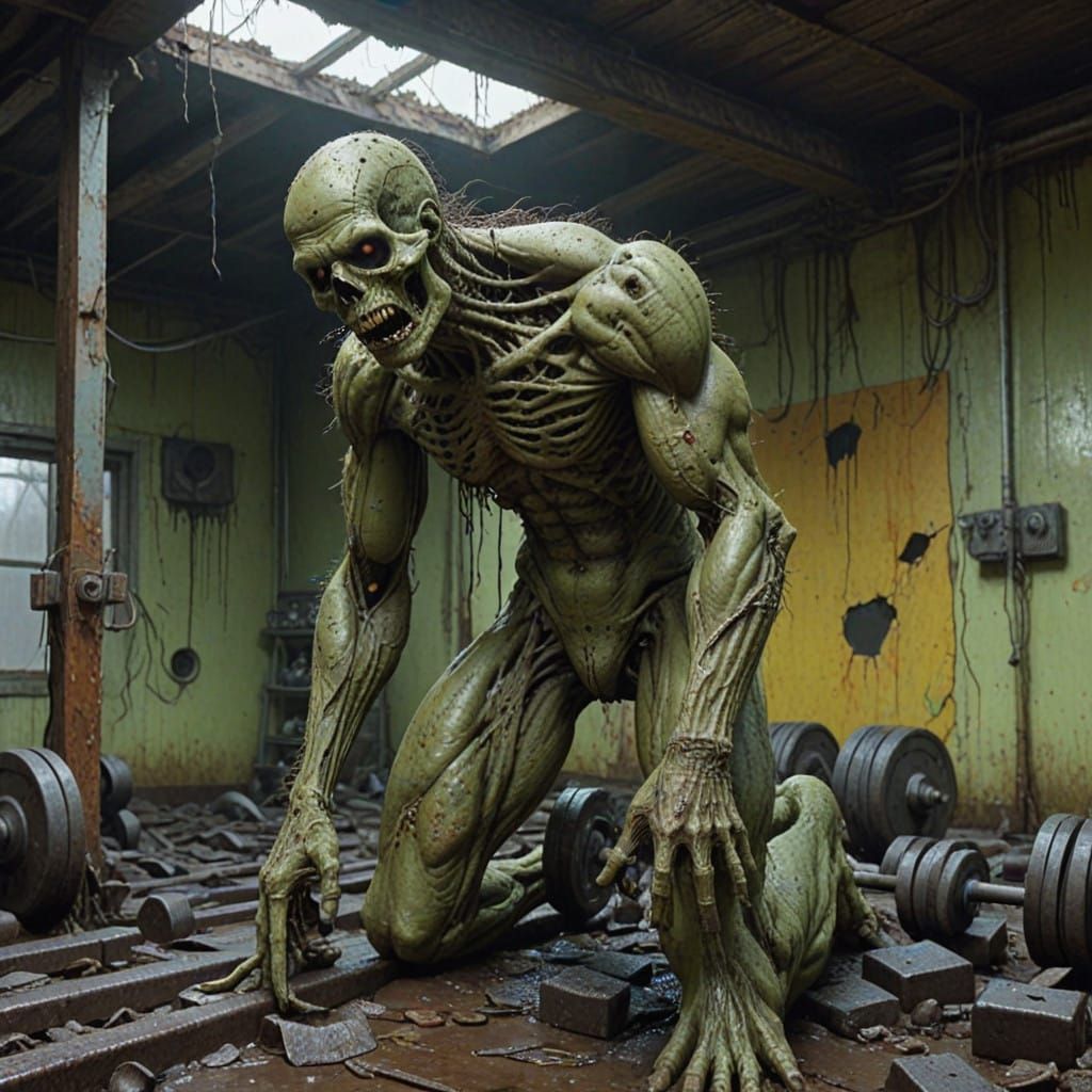 A Hyperrealistic, hyper-detailed photo of Excessively muscular zombies, rotting, skin falling ...