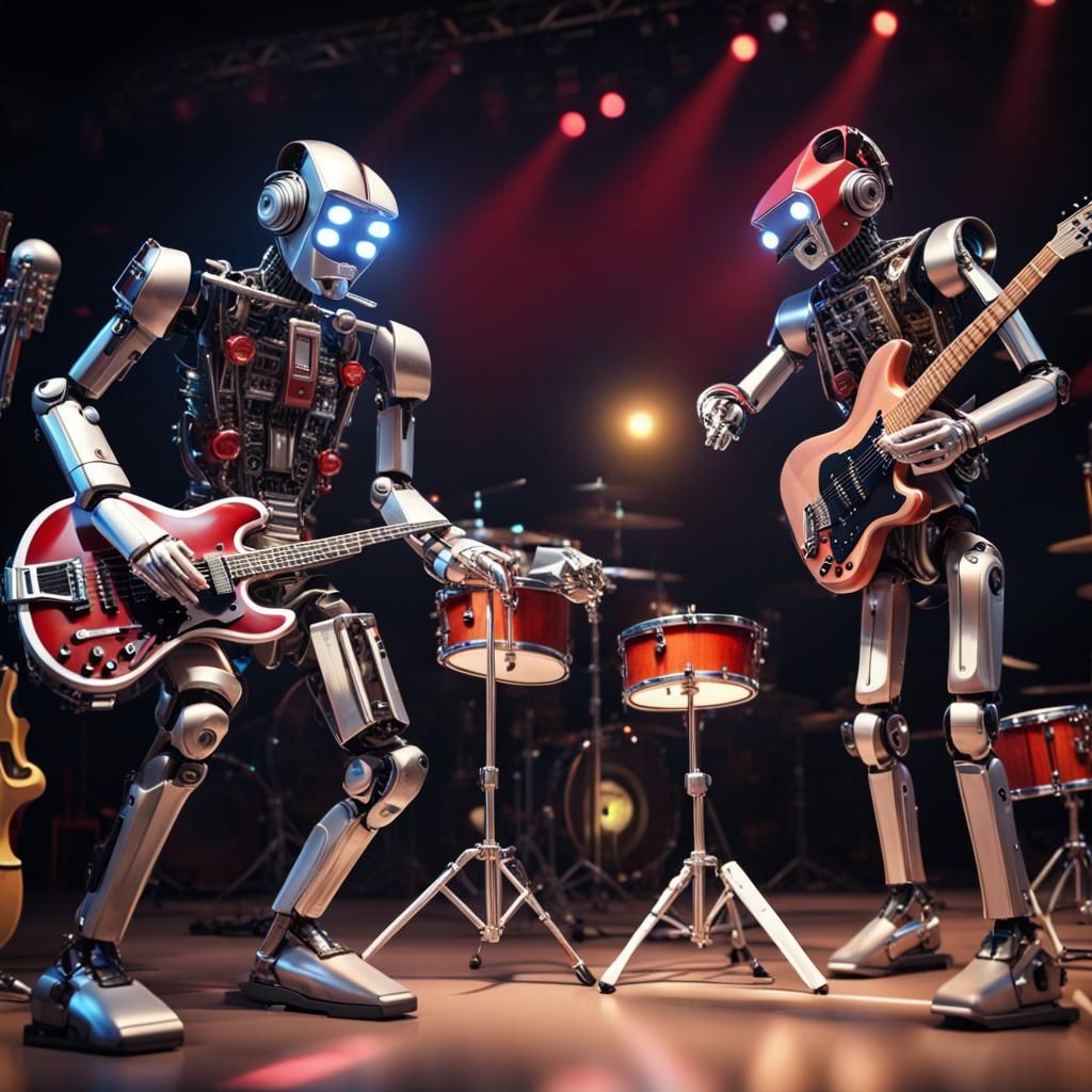 A robotic rock band playing a concert, 4k resolution, a masterpiece ...