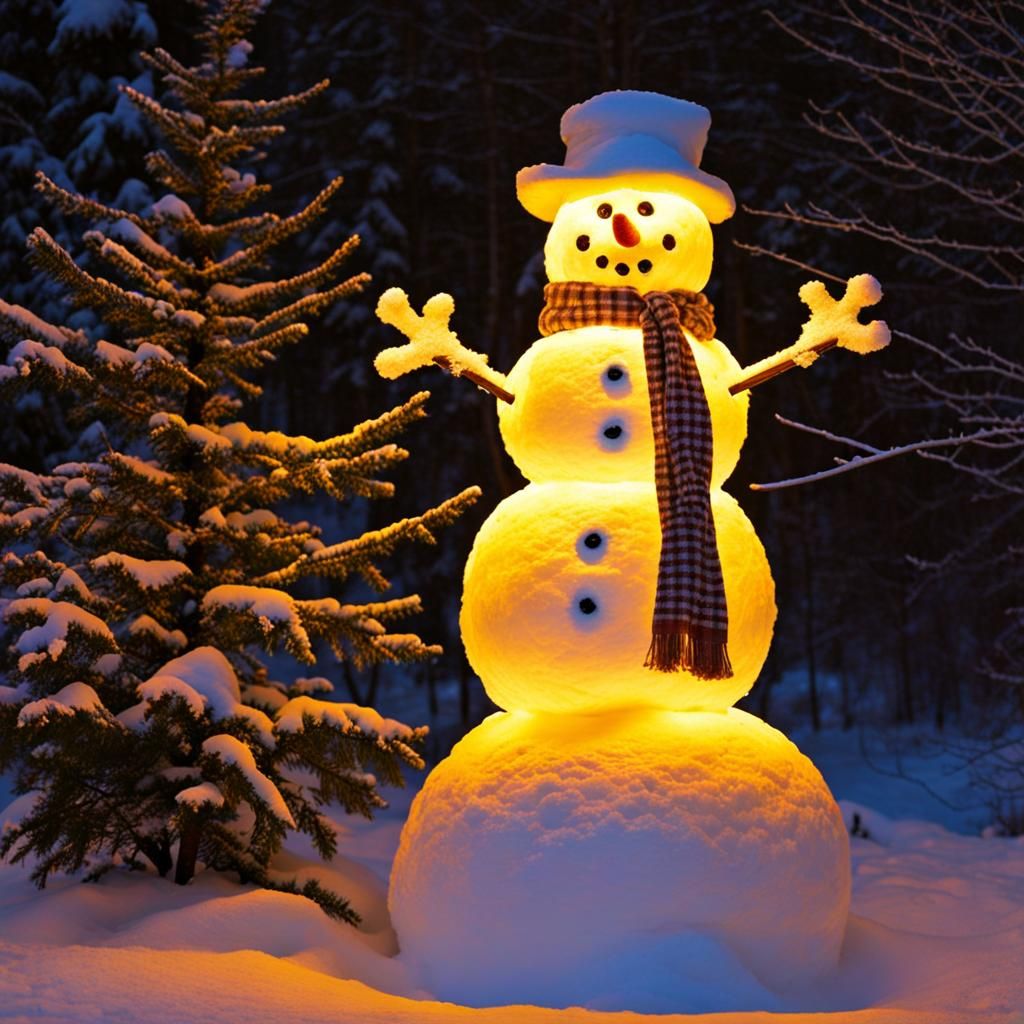 alive big very nice snowman out in yellow lights - AI Generated Artwork ...