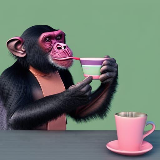 a chimpanzee drinking coffee at the coffee table - AI Generated Artwork ...