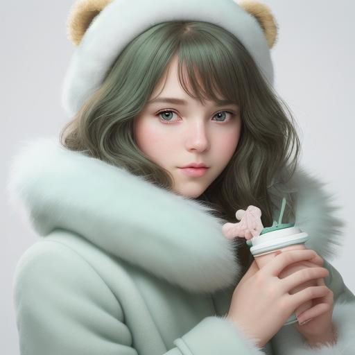 Adorable, fluffy teddy bear in a big coat with fur trim, light mint ...