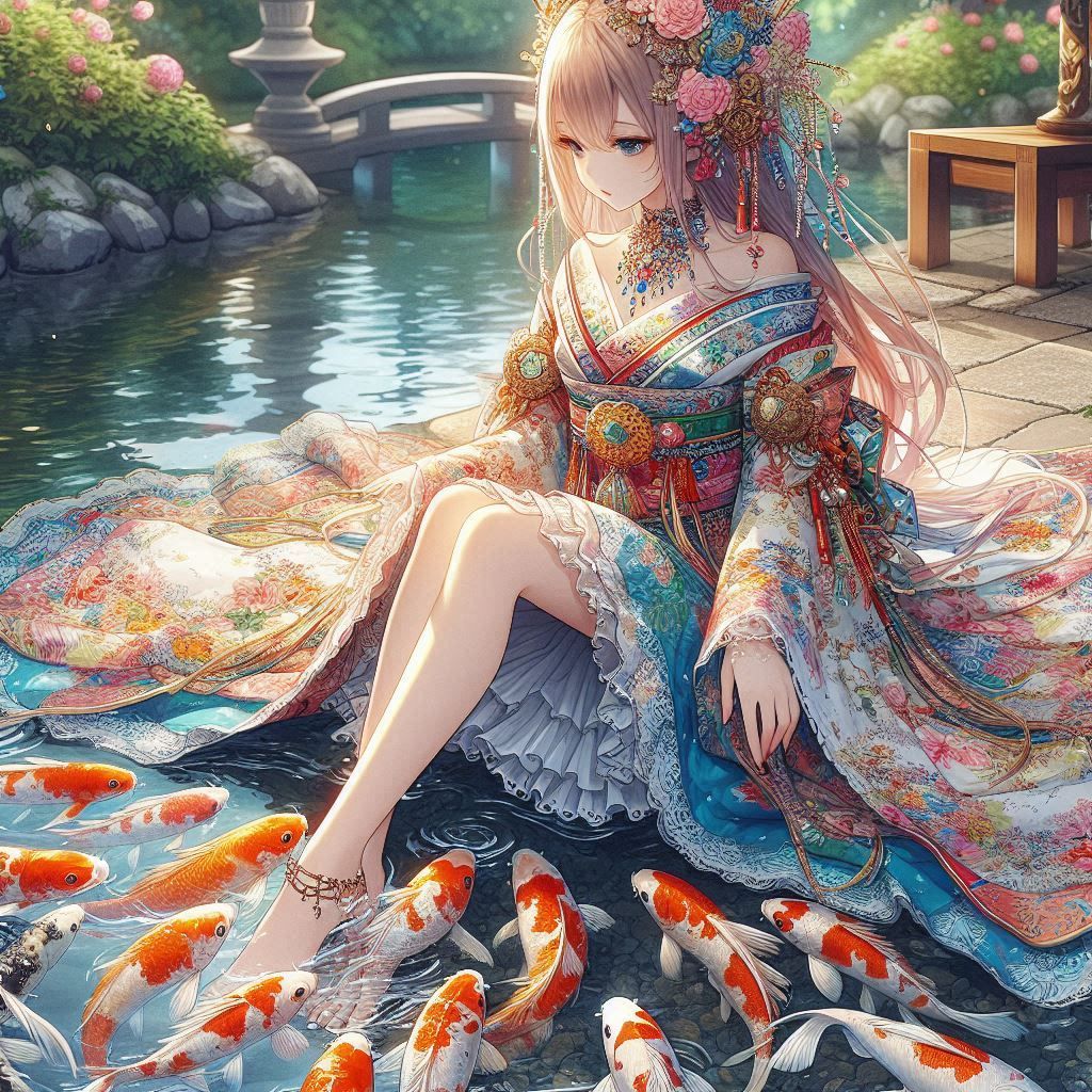 Koi fish and the princess - AI Generated Artwork - NightCafe Creator