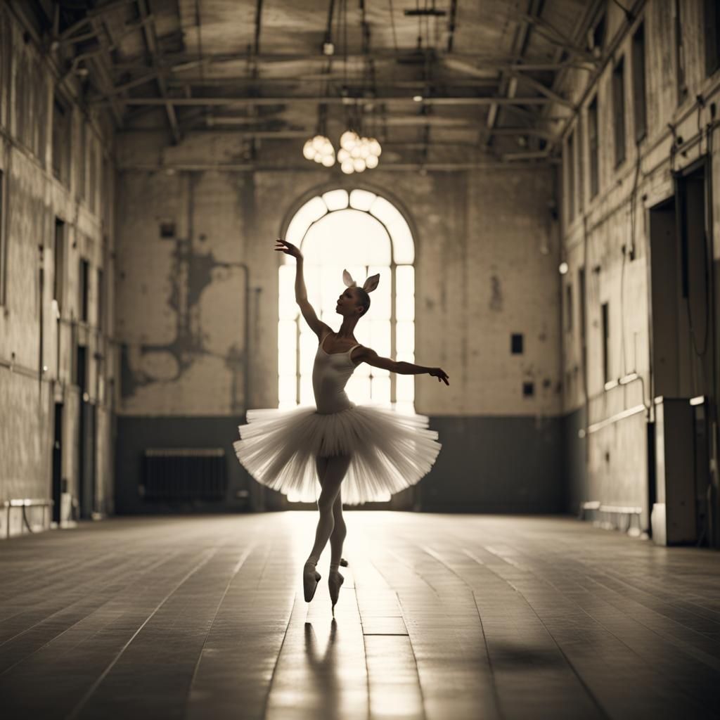 Ballerina dancing gracefully, with a Tutu, in an empty hall. The ...