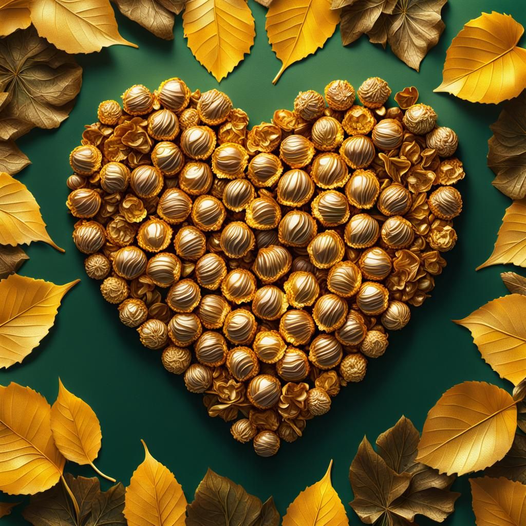 Ferrero rocher gold candy balls heart formation on a bed of leaves - AI ...