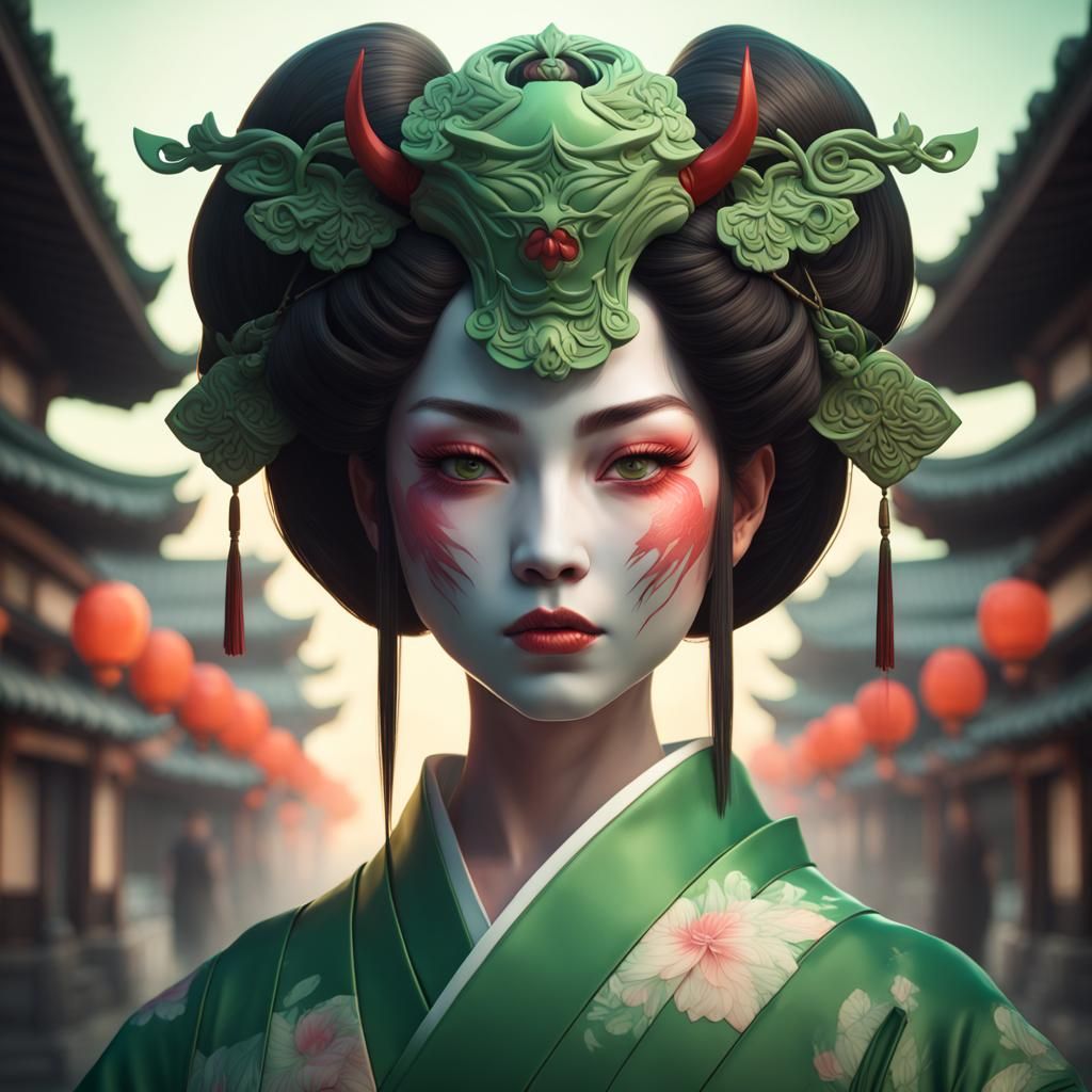 young geisha, demon mask, green, summer, dawn head and shoulders ...