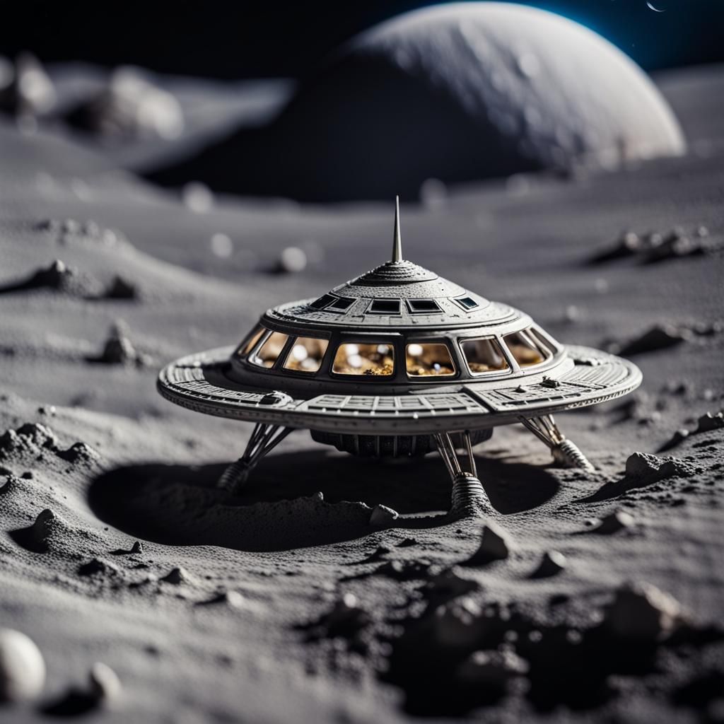 Photograph, Macro, miniature alien spaceship on the moon surface, super ...