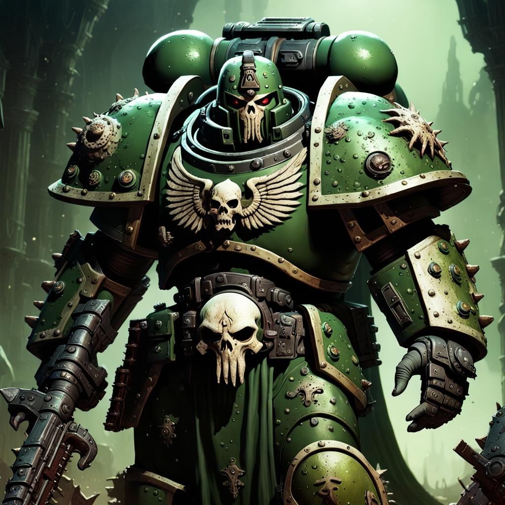 Warhammer 40K space marine of nurgle, dark green armour covered in ...