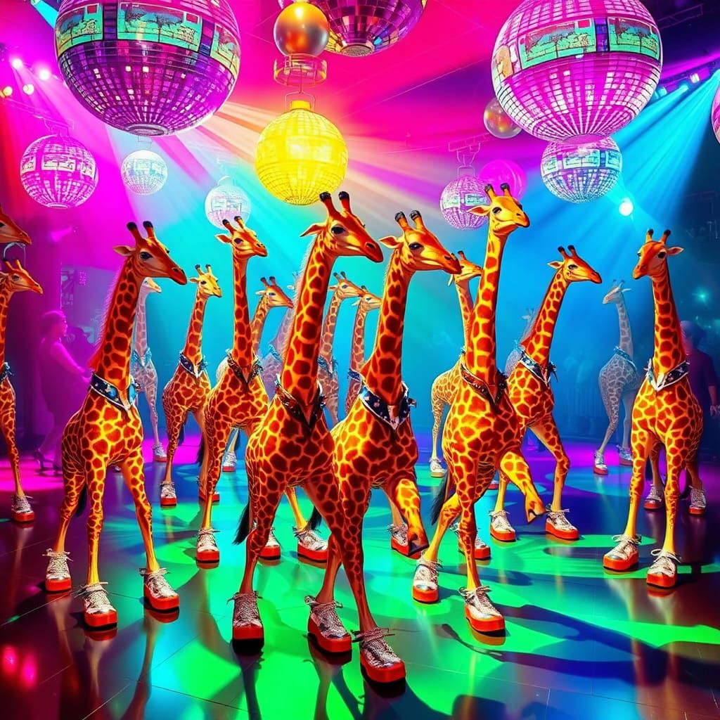 Dancing giraffes in a disco - Giraffes Boogie in Retro-Futur...