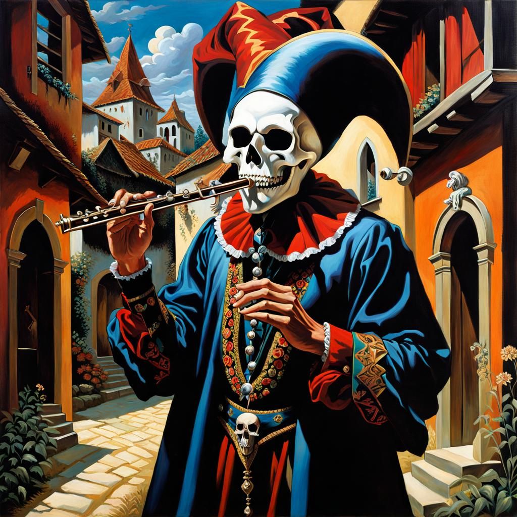 Ominous, Full body male figure, sinister jester, playing a flute, skull ...