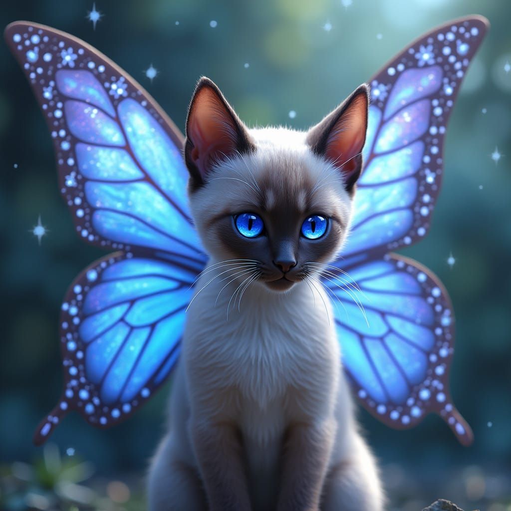 Ethereal Siamese Kitten with Iridescent Wings - AI Art