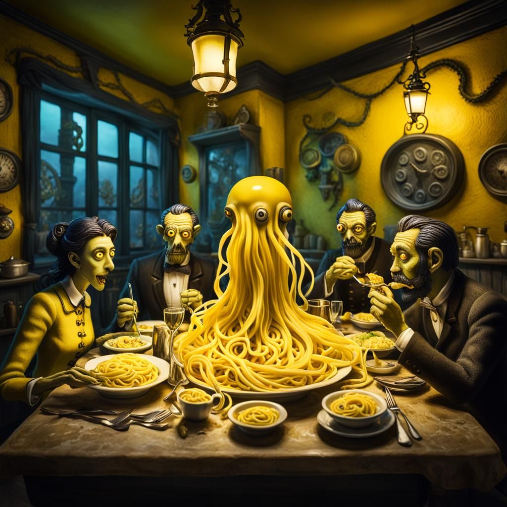Eldritch pasta, tentacles, eye balls, glowing yellow, Imaginative ...
