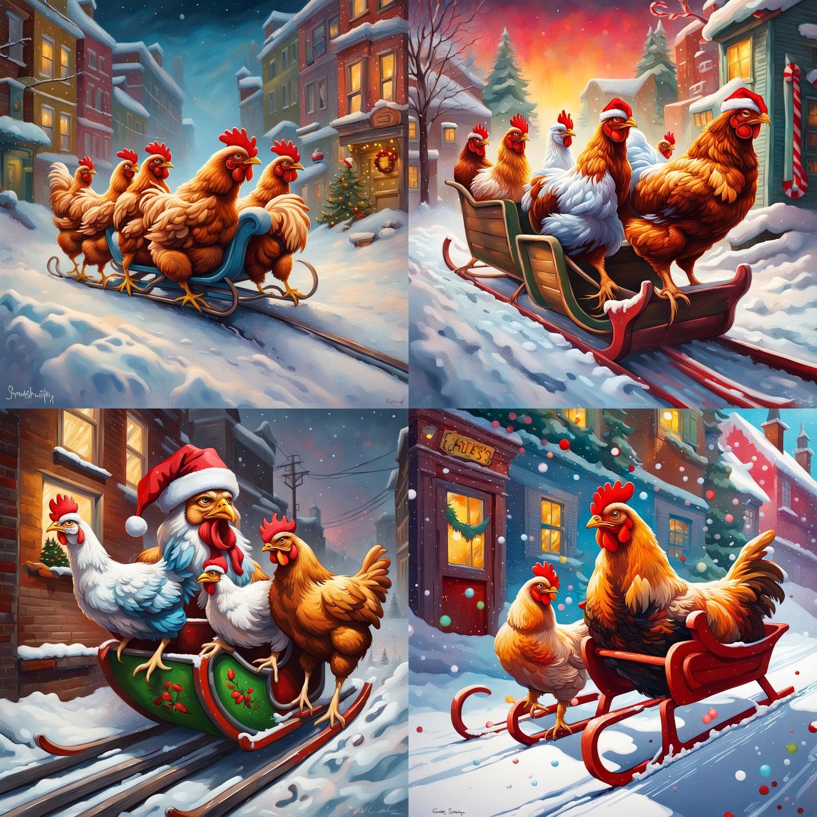 chickens pulling santa's sled on christmas eve graffiti art, splash art ...