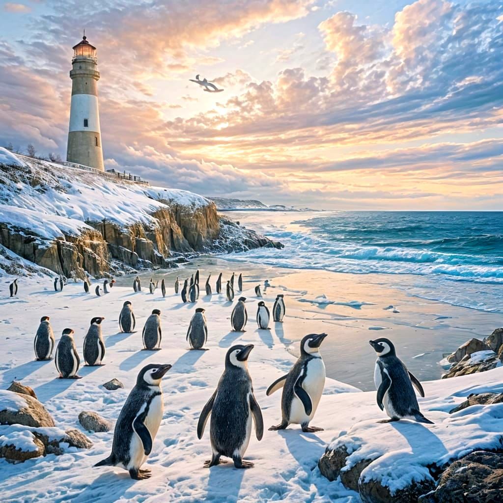 Penguin Beach - Penguins Amidst a Snowy Seaside Landscape wi...