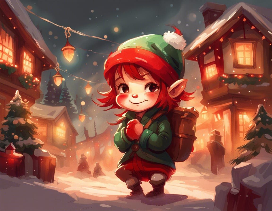 An Adorable happy chibi Christmas elf riding rudolph the red nose ...