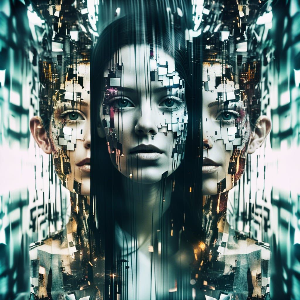 Beautiful woman look in shattered miror and distorted into fragments of ...