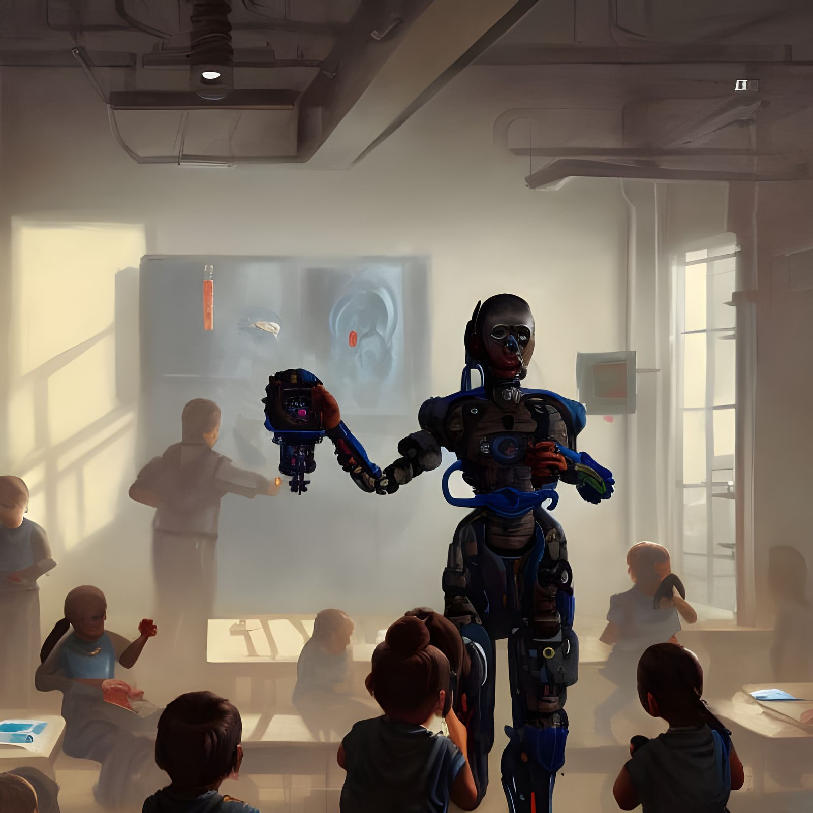 Brand new cyborg kindergarten teacher in front of her class - AI ...