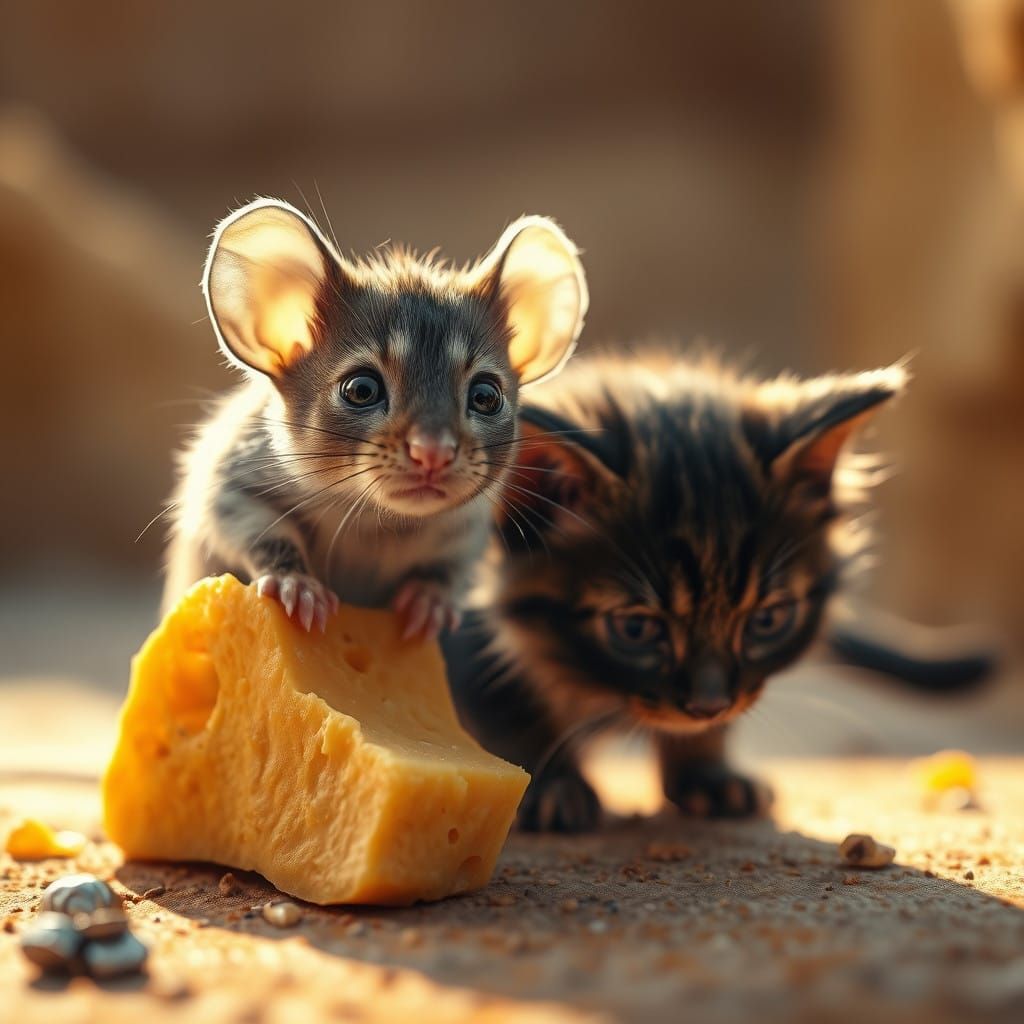 A cute little mouse inside a huge bitten piece of cheese is pretending ...