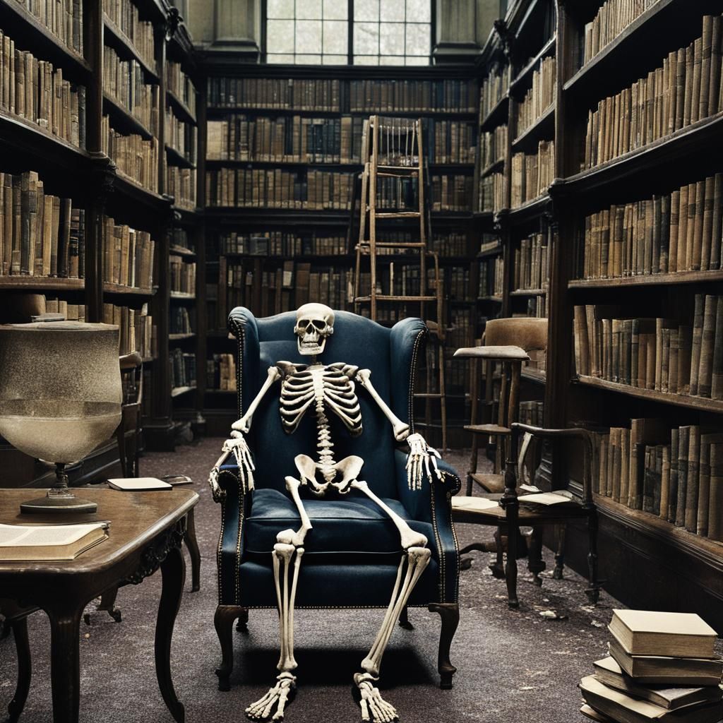 A dirty, dank, old, post-war, Library with A skeleton sitting in A ...