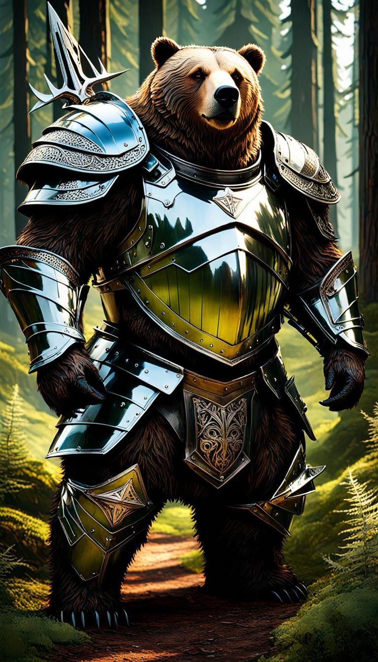 Obese Combat Bear Knight: Olive-Chrome armor reminiscent of wild ...